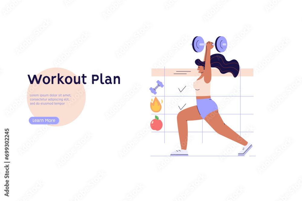 Fitness plan illustration. Woman planning exercises with calendar and ...