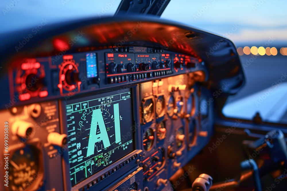 The dashboard of a plane lights up on the display with the phrase AI ...