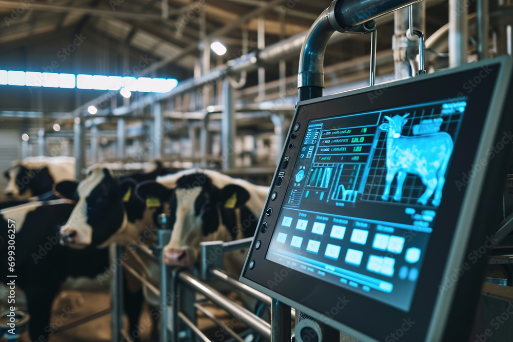 A high-tech cow farm managed by artificial intelligence. Dashboard with phrase AI and cows ...