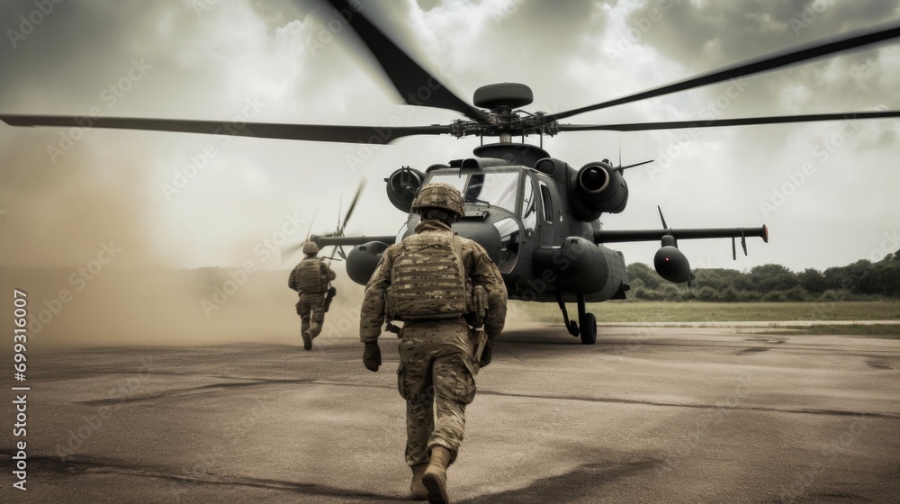 paratroopers soldiers with weapons run to military helicopter Stock ...