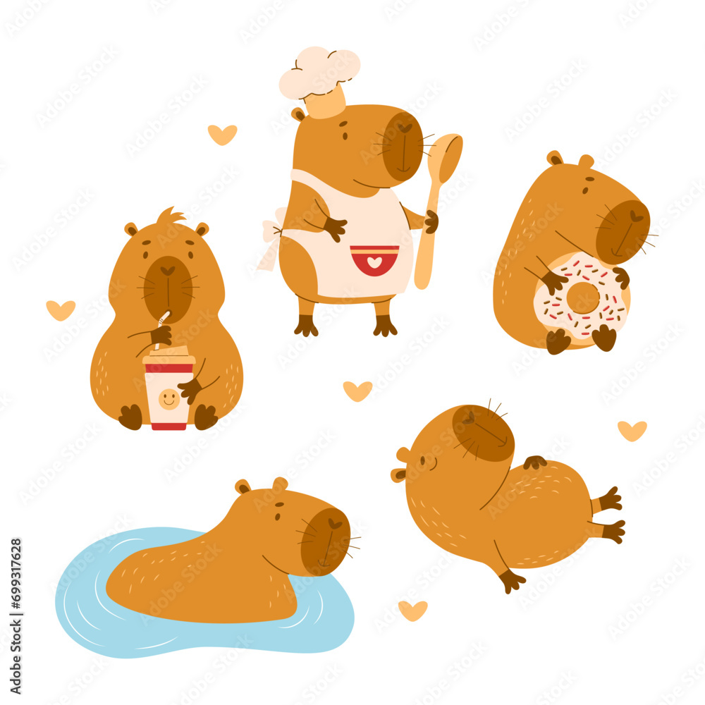 Cute Capybara character collection. Cook with spoon, with coffee and ...