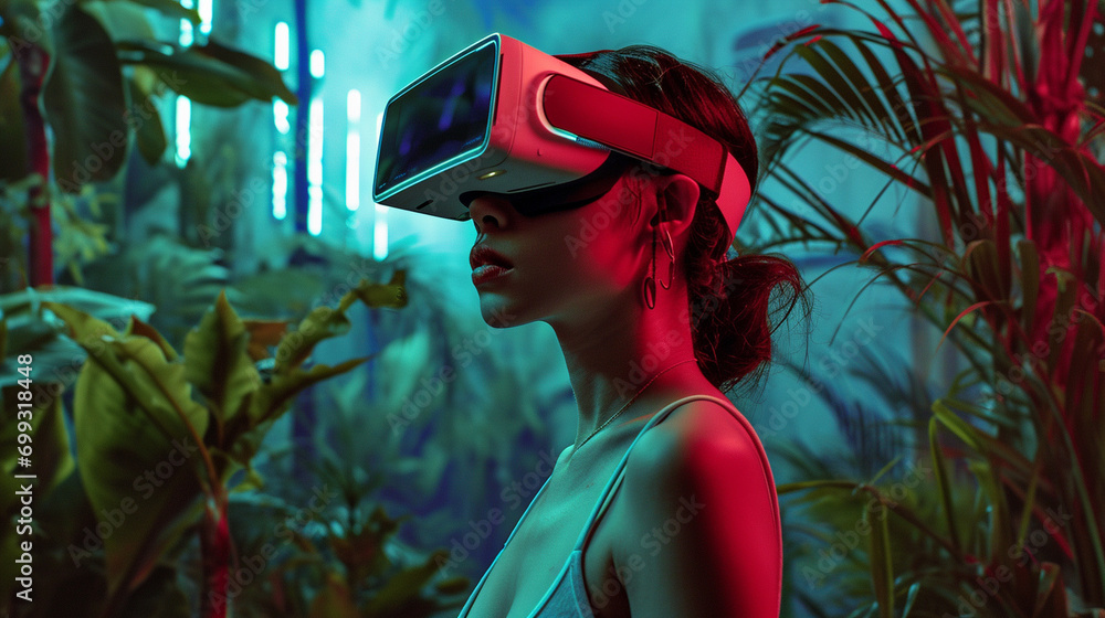 Woman wearing virtual reality goggles dual reality scene navigating ... Woman wearing virtual reality goggles dual reality scene navigating ...