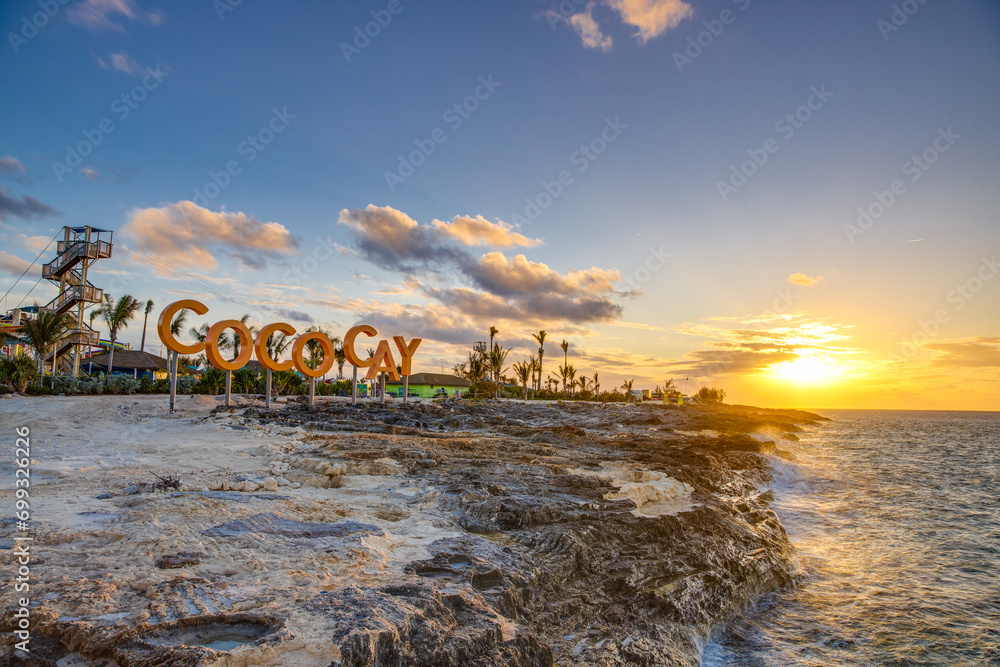 COCO CAY, BAHAMAS - OCTOBER 12, 2019: The sign for Royal Caribbean ...