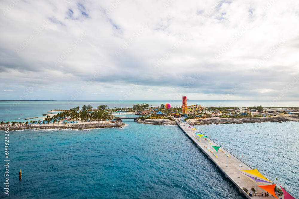 COCOCAY, BAHAMAS - OCTOBER 12, 2019: An aerial/drone view of Cococay ...