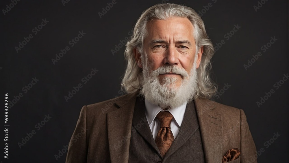 A handsome 65-year-old man with a beard and long white hair wearing a ...