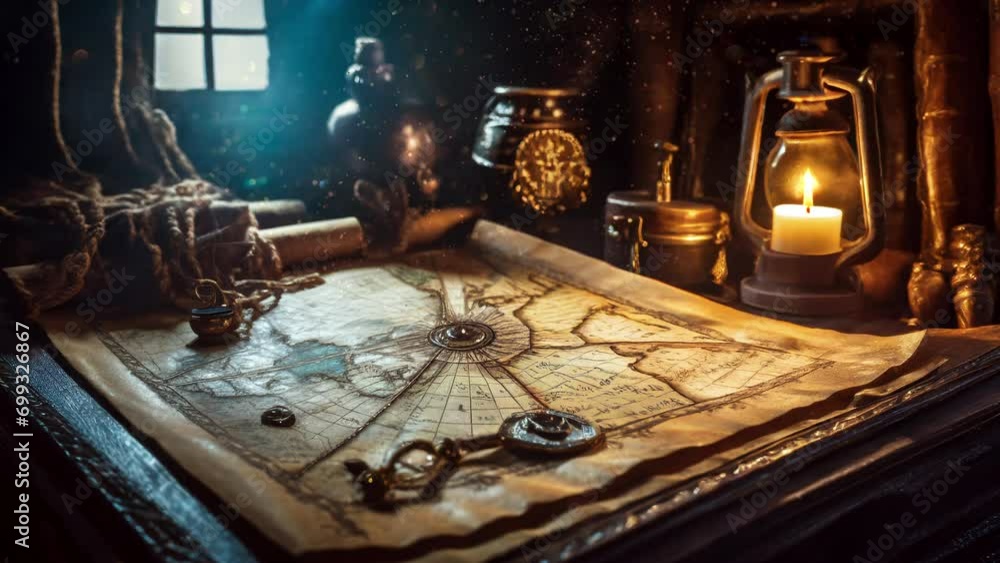 treasure map, old vintage map, pirates gold coins, oil lamp candle ...