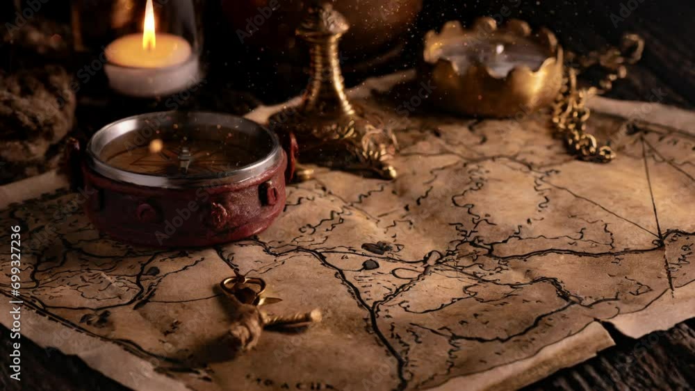 treasure map, old vintage map, pirates gold coins, oil lamp candle ...