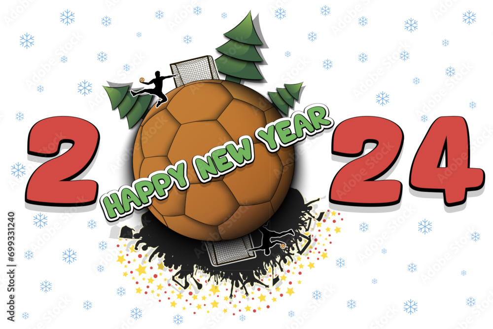 Happy new year. 2024 with handball ball, Christmas trees, handball ...