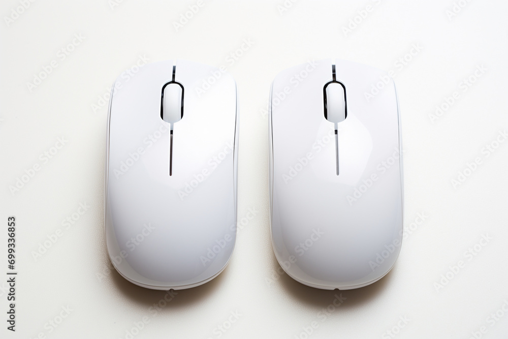 A pair of modern wireless computer mice, neatly aligned on a white ...