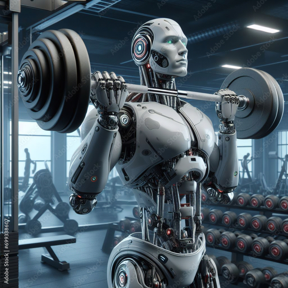 In the futuristic gym, an android humanoid demonstrates athletic ...