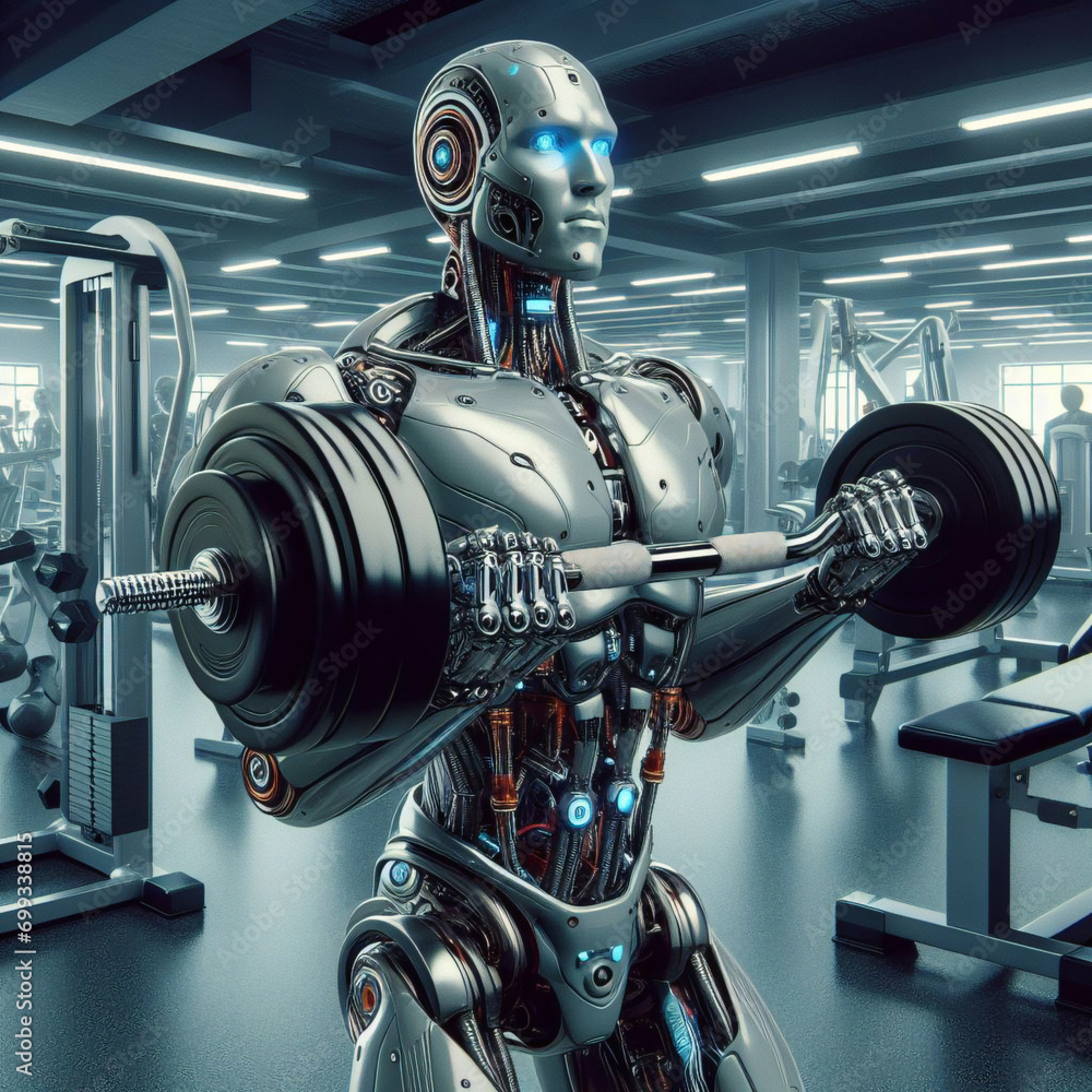 In the futuristic gym, an android humanoid demonstrates athletic ...