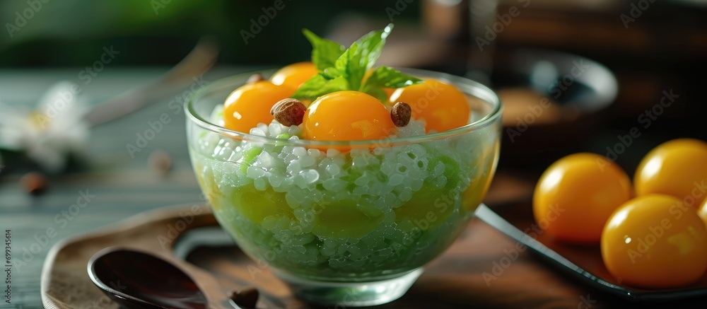 Tasty Asian dessert with pandan-flavored rice flour droplets, egg yolk ...