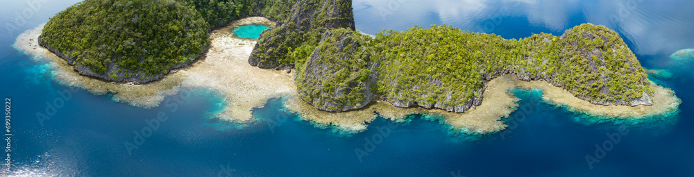 Limestone islands are fringed by impressive reefs in Misool, Raja Ampat ...