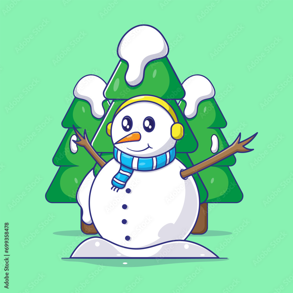 Cute illustration cartoon scene of snowman with fir trees in winter ...