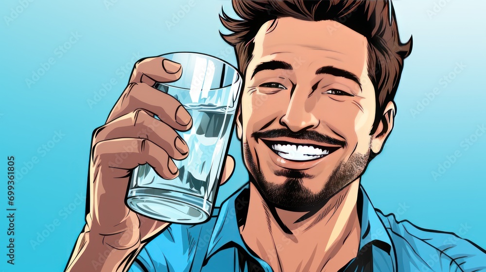 cartoon concept, man drinking a glass of water with a happy face. Stock Photo | Adobe Stock