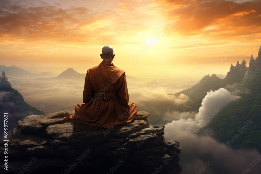 Zen Monk Meditating, sitting on a mountain t with a view of the valley ...