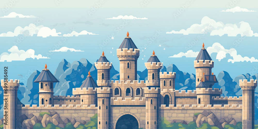 Castle background video game style illustration castles towers 8-bit ...