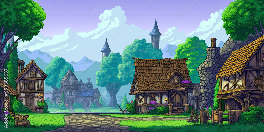 8-bit video game graphics medieval houses town thatched roofs, retro ...