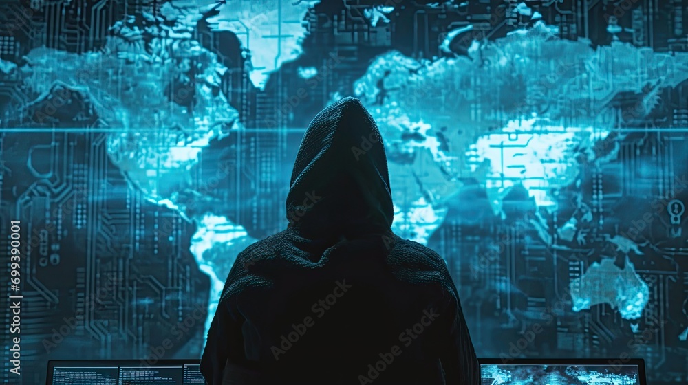 Global cyber threats, a hacker with world map background Stock ...