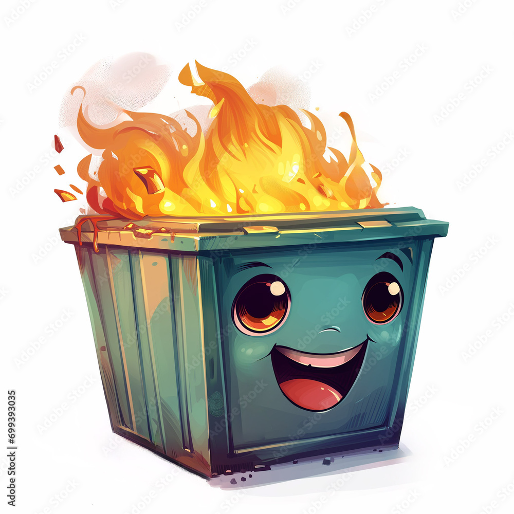 Cute Cartoon Dumpster Fire with Ironic Happy Face, Isolated on White ...