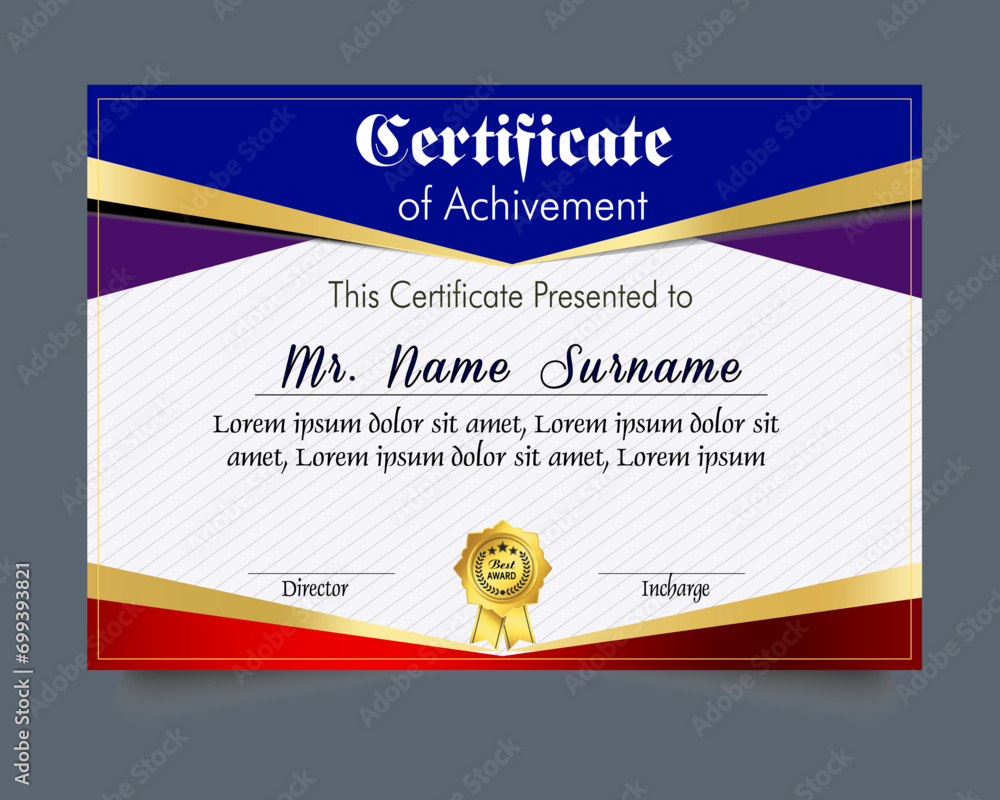 Certificate of achievement template set with gold badge and border ...
