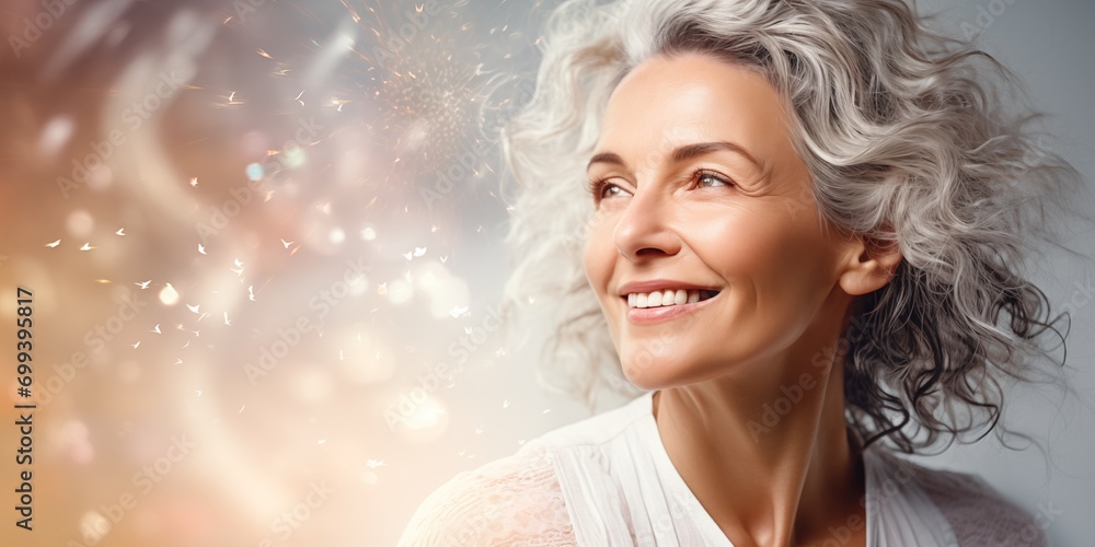 Mature woman with radiant skin against sparkling background. Beauty and ...