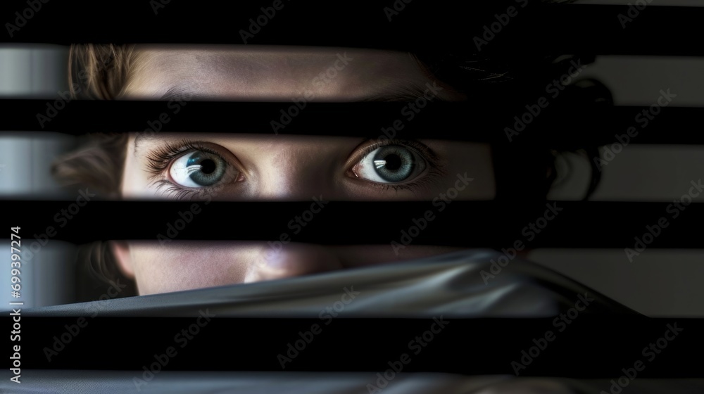 Terrified young woman's eyes looking through windows blinds Stock Photo ...