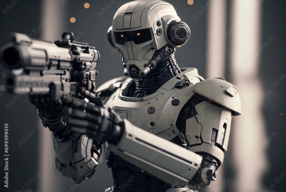 An armed robot with a gun, policeman police or in war as a soldier ...