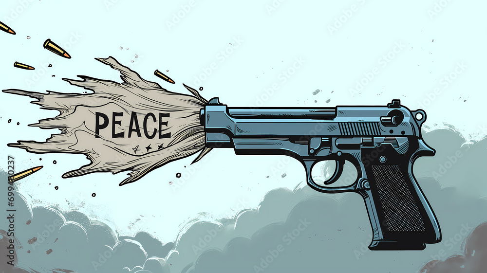 handgun shooting a blast with the word 'Peace' inside in contradictory ...