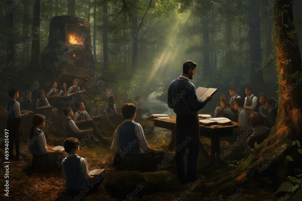 School of magic. school teacher reads book to his students in ...