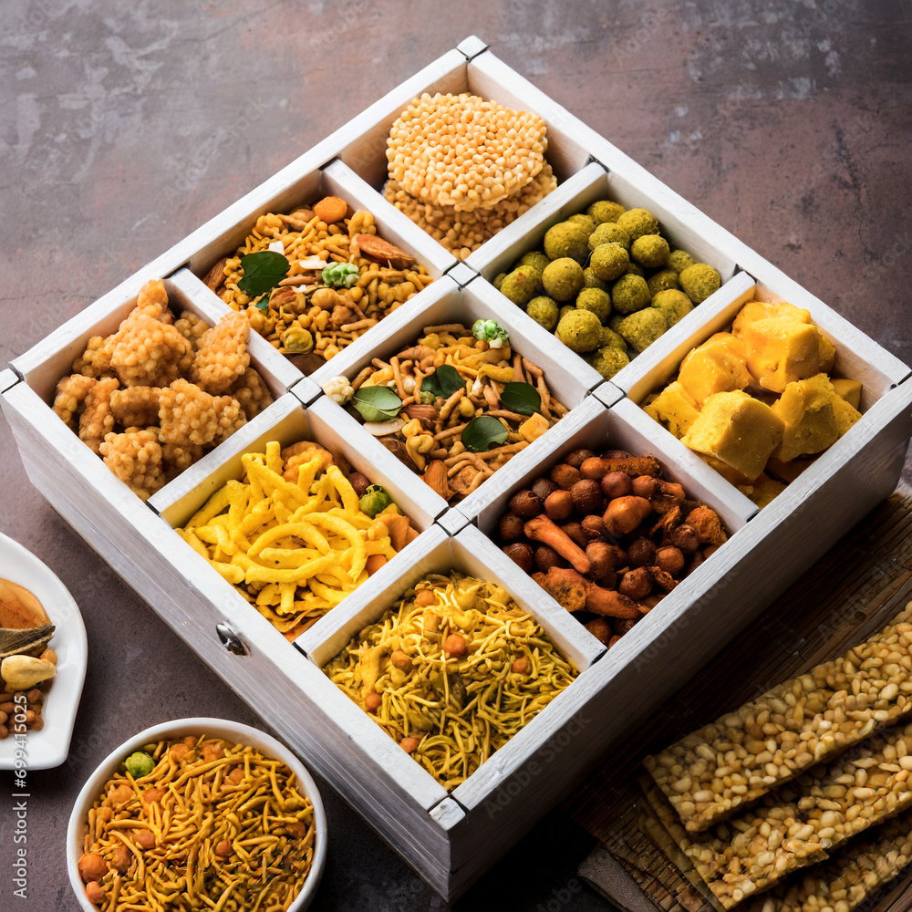 indian tea time snacks like sev, chivda, farsan, mixture, boondi ...