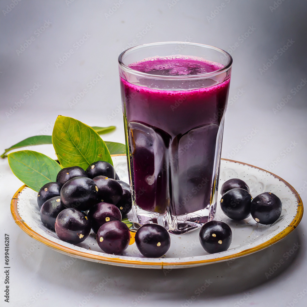 Juice of jamun fruit in a glass also called as java plum, jambolan plum ...