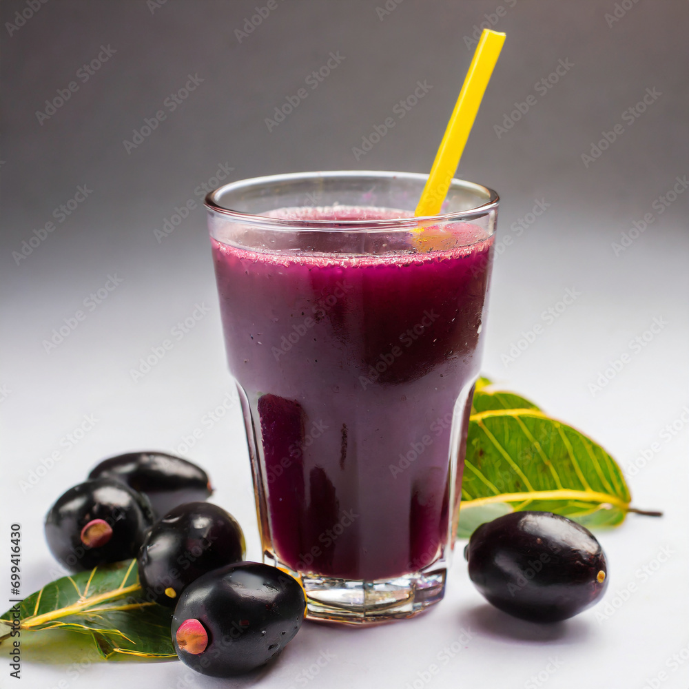 Juice of jamun fruit in a glass also called as java plum, jambolan plum ...