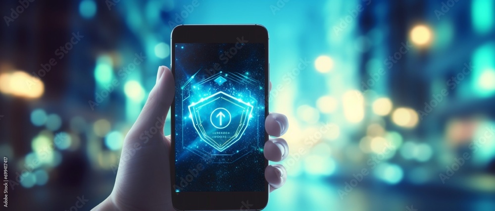 Hand holding cellphone with creative glowing blue polygonal antivirus ...