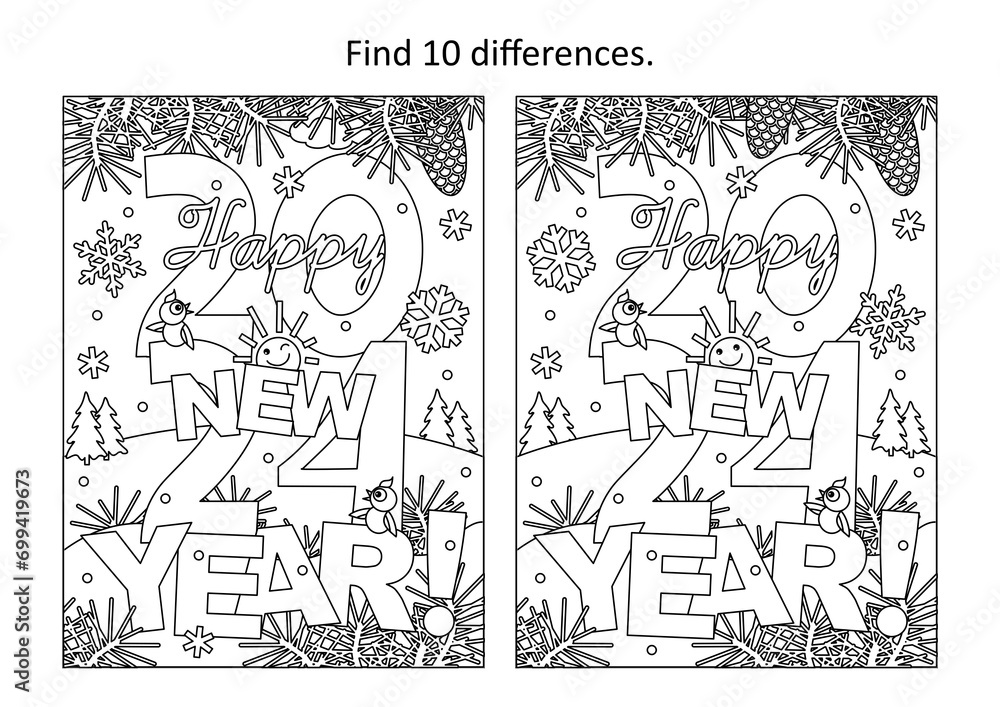 Happy New Year 2024 difference game and coloring page with greeting ...