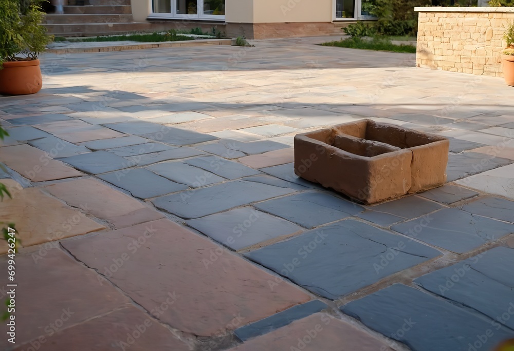 Laying gray concrete paving slabs in house courtyard driveway patio ...