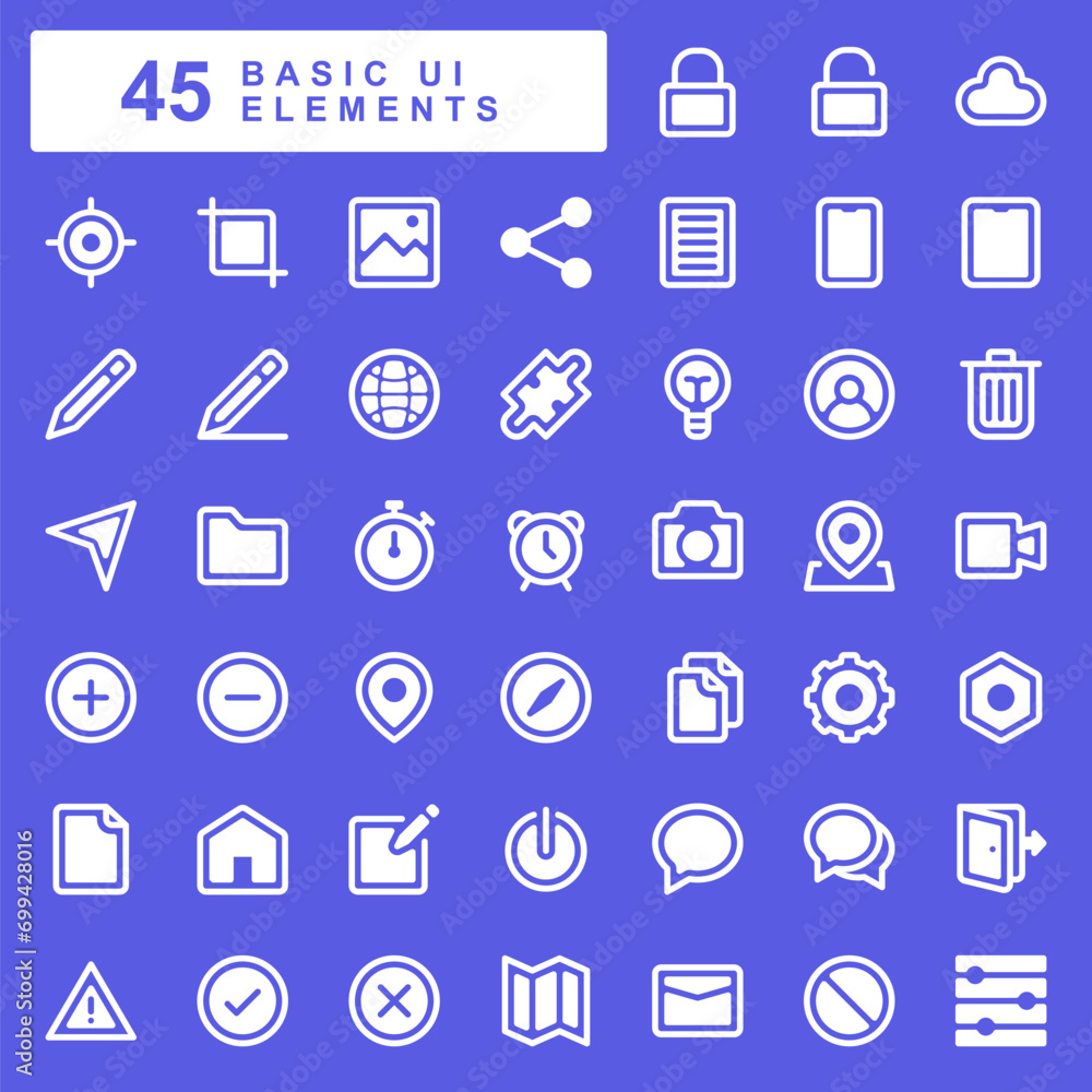 Vecteur Stock 45 basic UI element icons in blue fill style, including ...