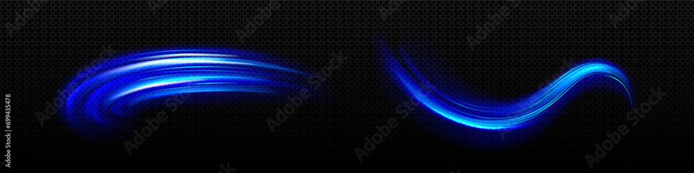 Blue light waved neon elements with swoosh effect. Realistic vector ...