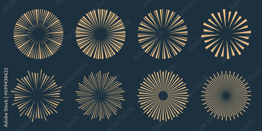 Sunburst collection. Golden sun rays. Retro sunburst design. Sunburst ...