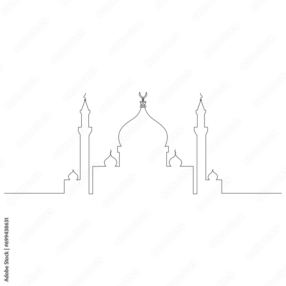Mosque line art drawing islamic ornament background. Single line draw ...