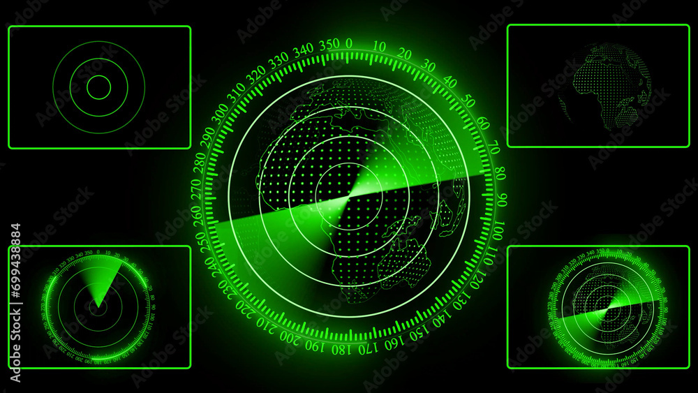 Radar screen animation, green color and location scanning place moving ...