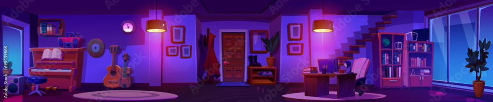 Modern home interior at night. Vector cartoon illustration of dark room ...