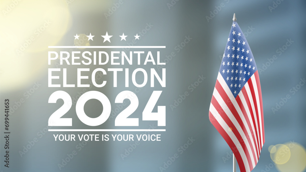 Promo banner for 2024 presidential election. USA flag stands on blurred ...