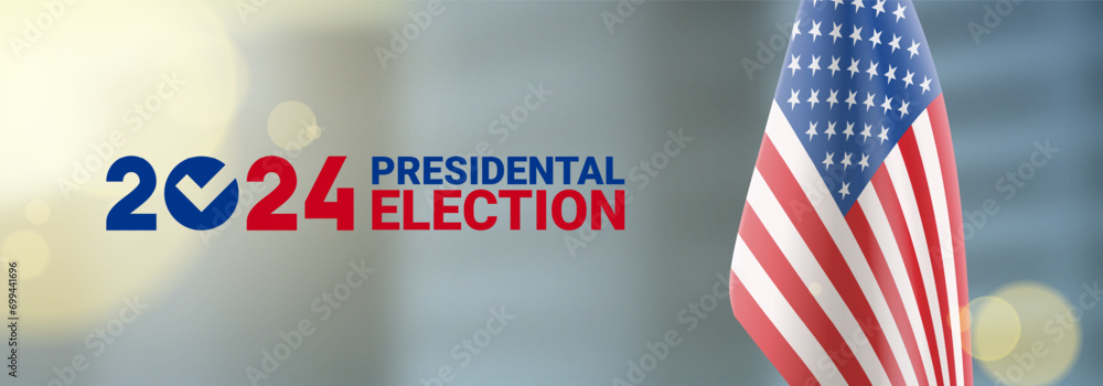 2024 presidential election horizontal banner. USA flag stands on ...