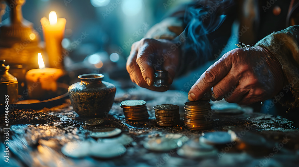 Counting Coins by Candlelight. Created with Generative AI. Stock Photo ...