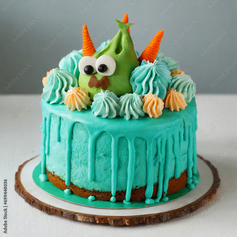 Monster theme cake on the white background. Birthday cake with ...