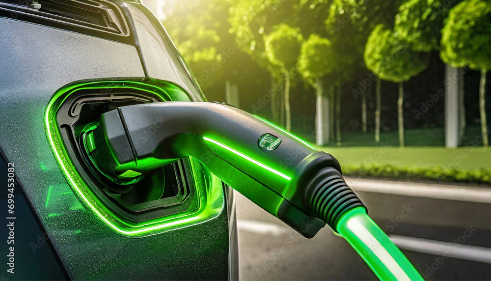 close up, EV charge nozzle with LED light, plugged into modern Electric ...
