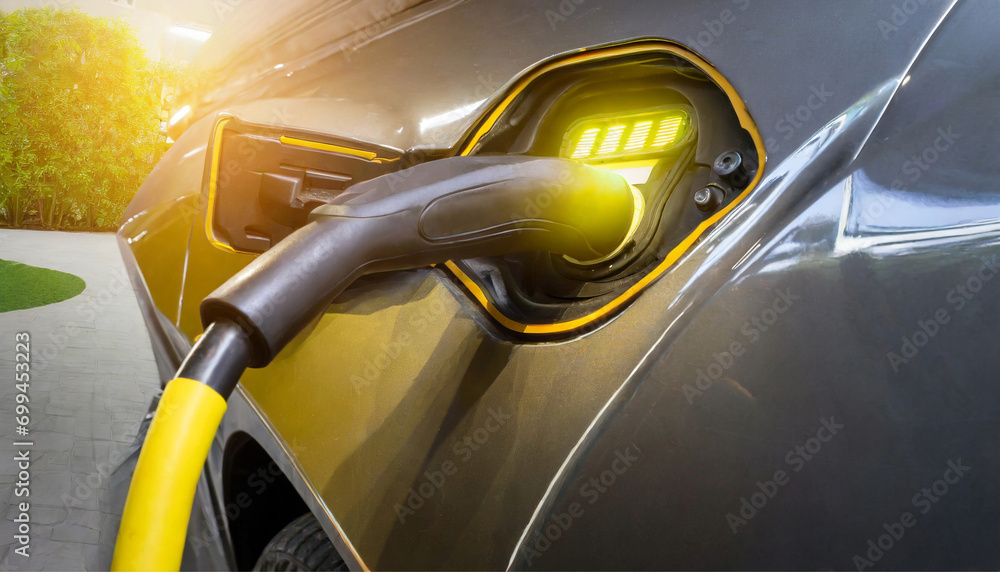 close up, EV charge nozzle with LED light, plugged into modern Electric ...