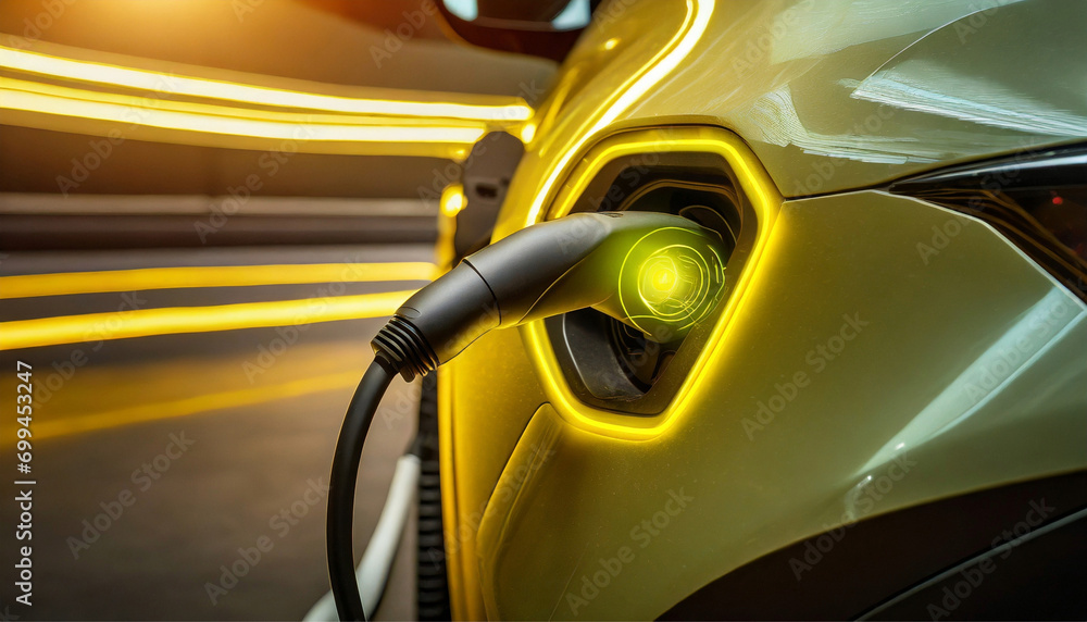 close up, EV charge nozzle with LED light, plugged into modern Electric ...