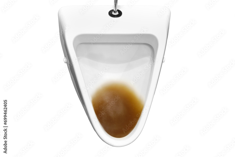 Dirty clogged urinal with water in the toilet of a restaurant, isolated ...